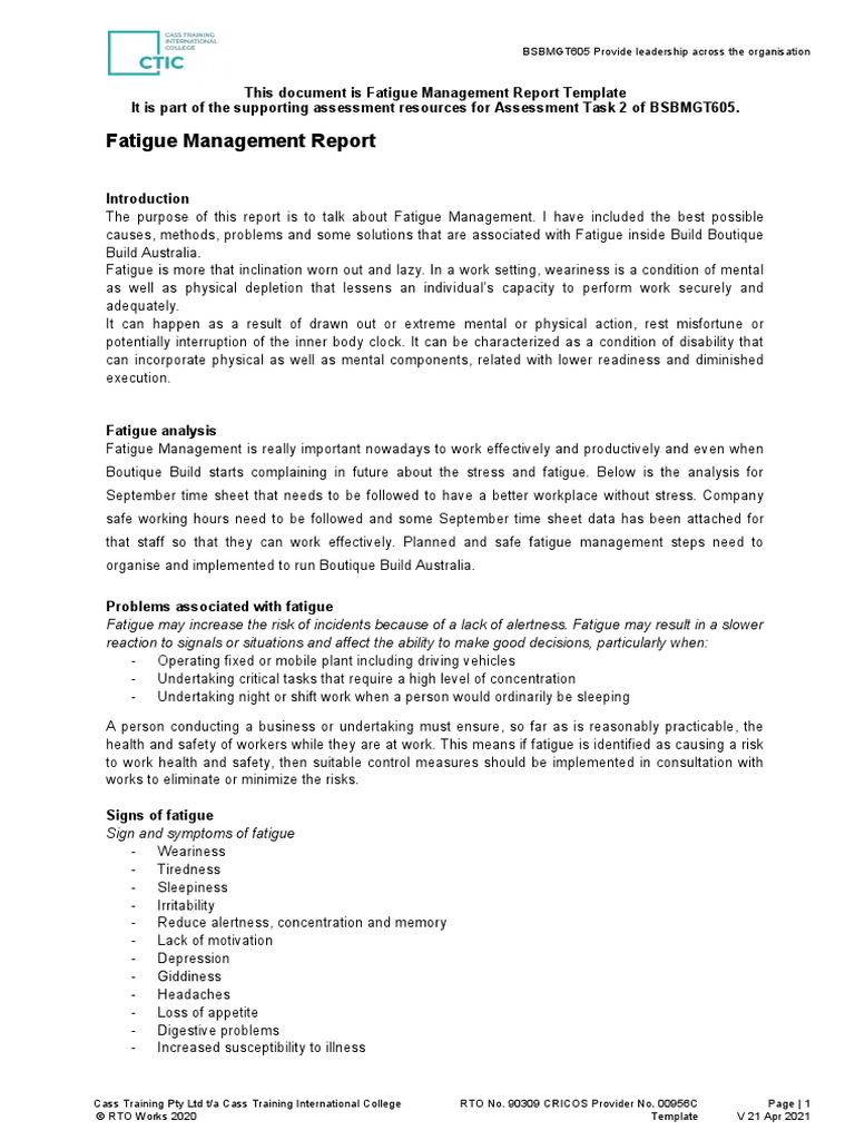 BSBMGT605 Assessment Task 2 - Fatigue Management Report | PDF | Risk ...