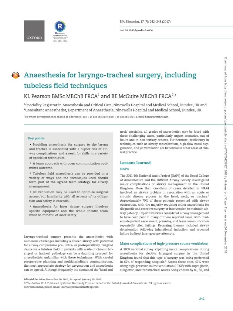 BJA 2017 Anaesthesia For Laryngo-Tracheal Surgery | PDF | Surgery ...