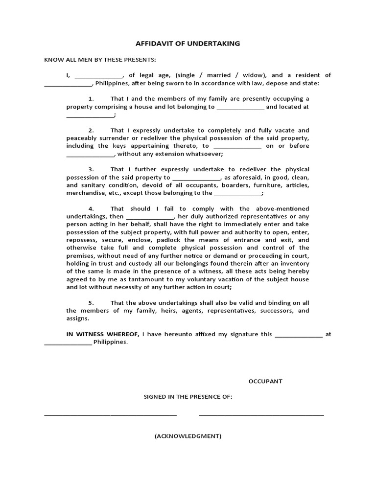 Affidavit of Undertaking | PDF | Civil Law (Legal System) | Government
