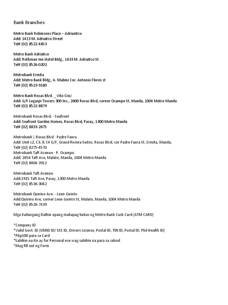 Metrobank Branches in Manila | PDF | Business