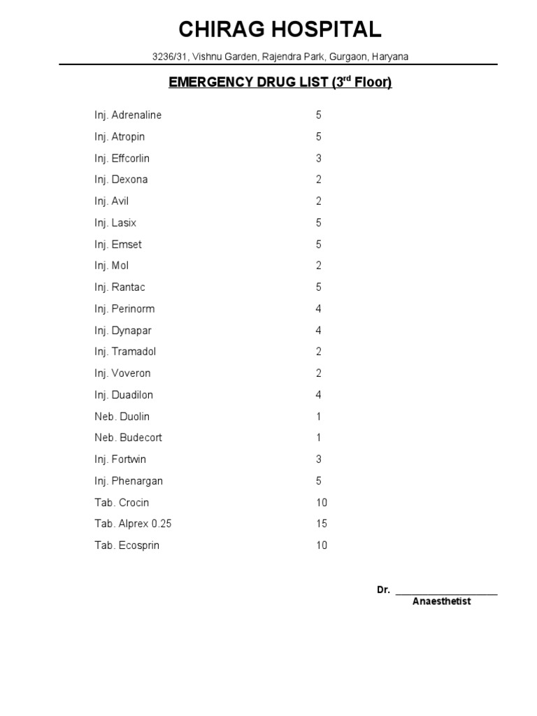 Chirag Hospital: Emergency Drug List (3 Floor) | PDF