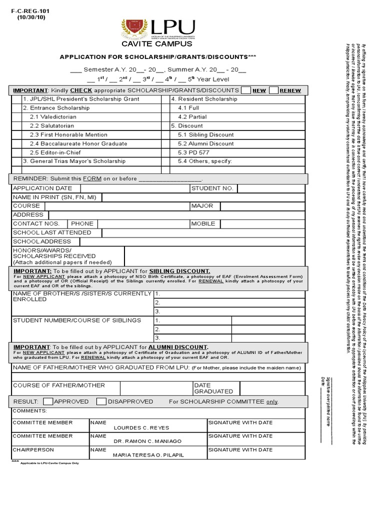 LPU Cavite Scholarship Application Form | PDF | Privacy | Government