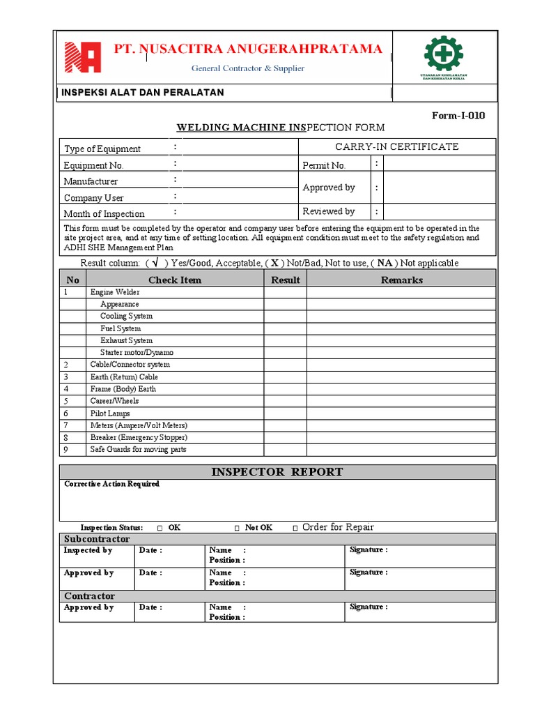 Form-I-010 Welding Machine Inspection Form: Carry-In Certificate | PDF