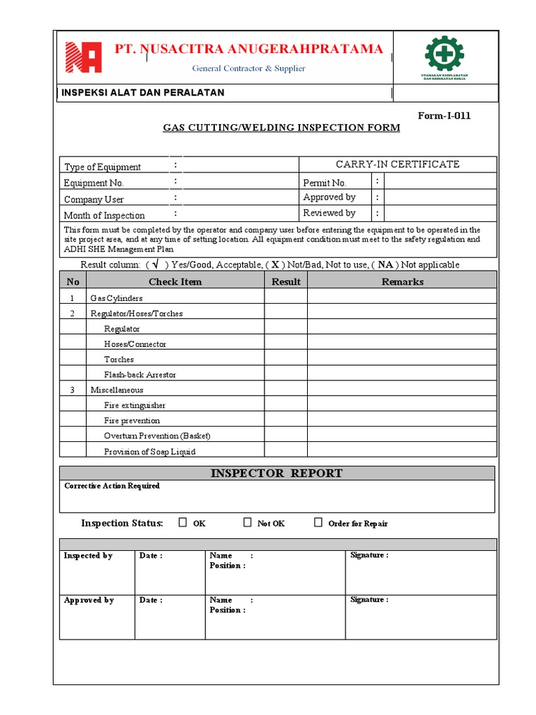 Gas Cutting Inspection Checklist | PDF