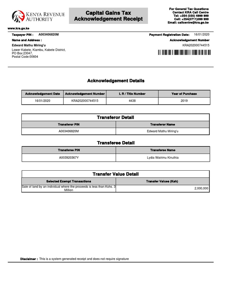 Capital Gains Tax Acknowledgement Receipt | PDF | Receipt | Government