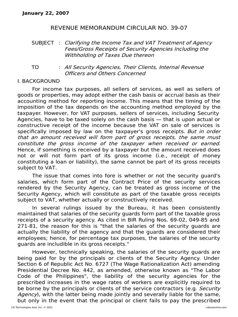 Revenue Memorandum Circular No. 39-07: January 22, 2007 | PDF | Value ...