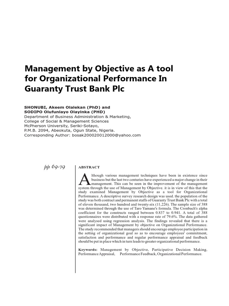 Management by Objective as A Tool for Organizational Performance In Guaranty Trust Bank Plc ...