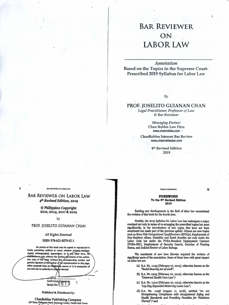 Bar Reviewer On Labor Law by Chan (2019) | PDF