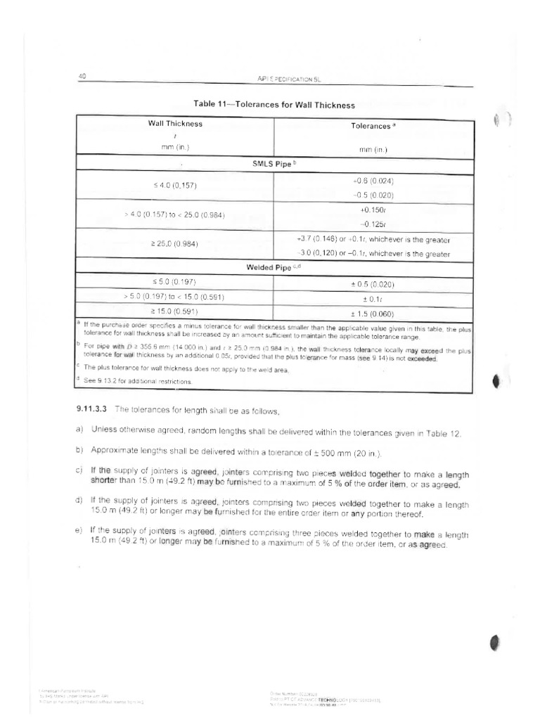 Tolerance Wall Thickness API 5L 46th Edition | PDF
