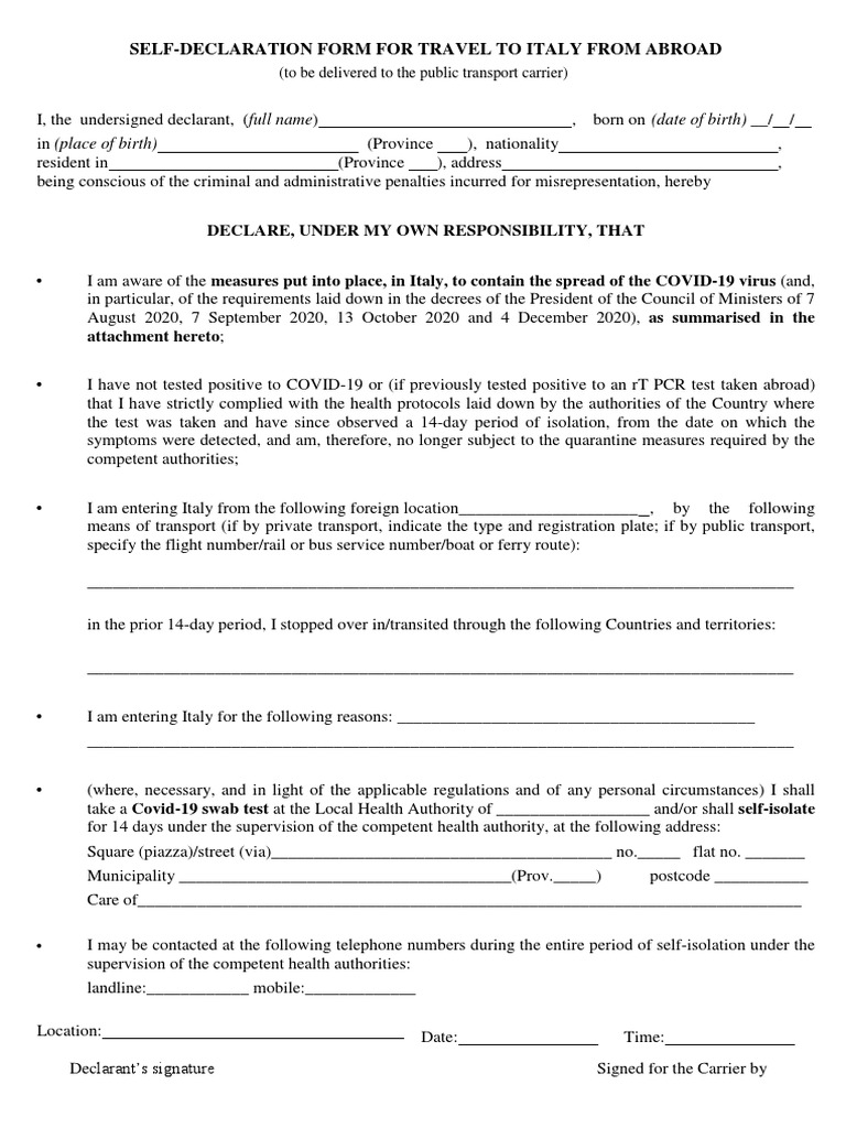 Self-Declaration Form For Travel To Italy From Abroad: (To Be Delivered ...