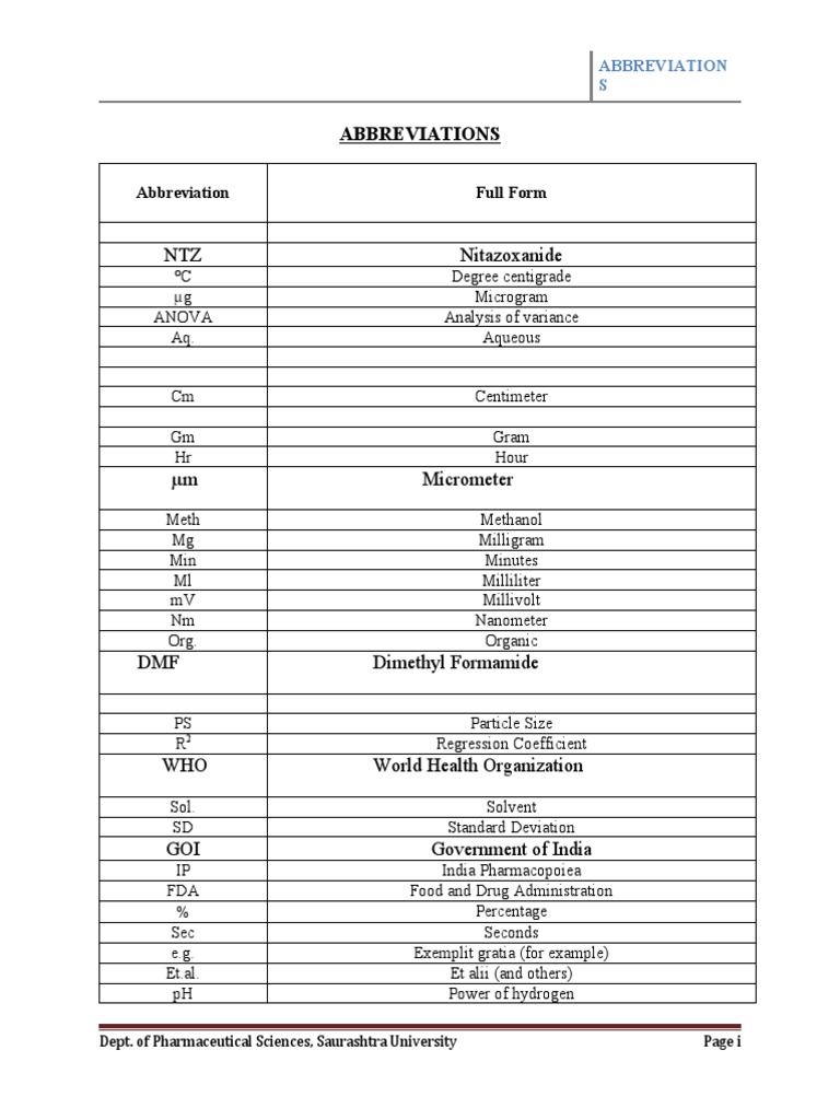 Abbreviations in Pharmaceutical Sciences | PDF | Chemistry | Physical ...