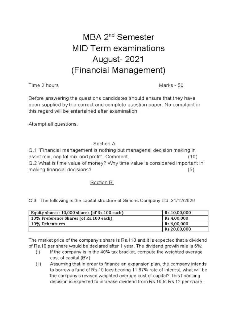 Mba 2 Semester MID Term Examinations August-2021 (Financial Management ...