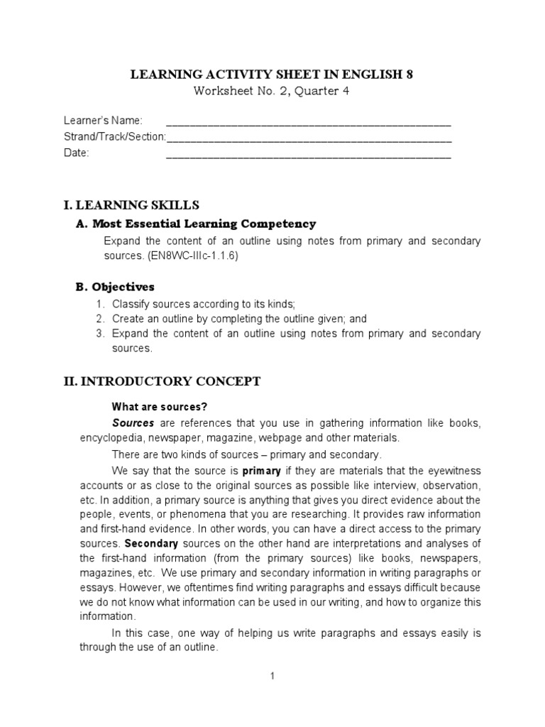 Learning Activity Sheet in English 8: Worksheet No. 2, Quarter 4 | PDF ...