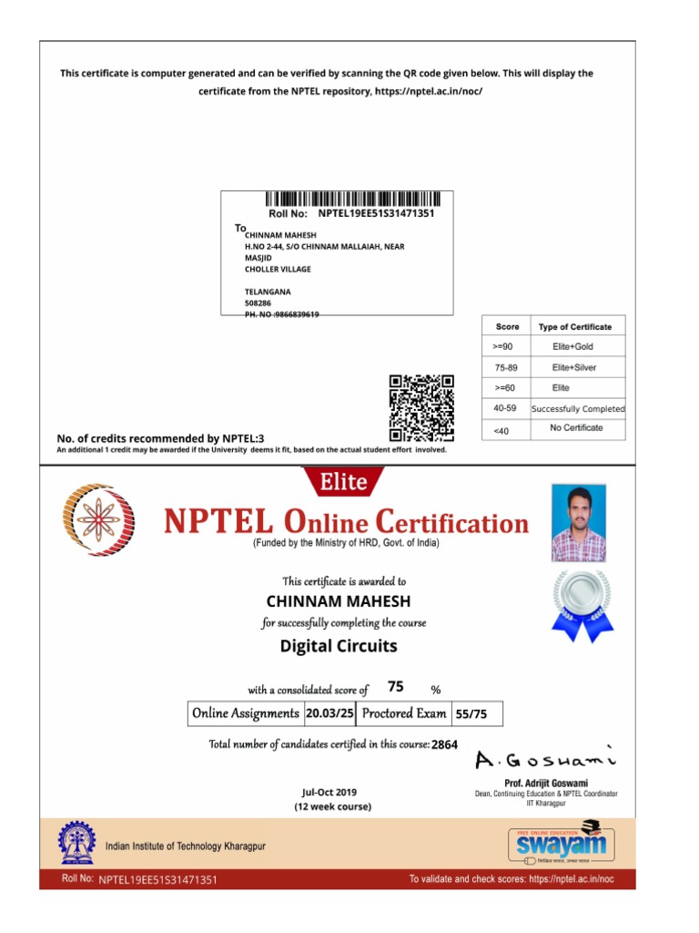 Digital Circuits NPTEL Certificate | PDF