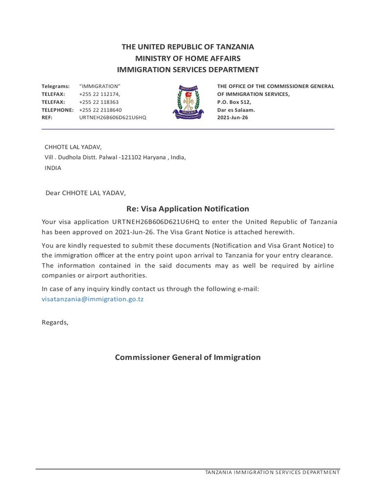 Visa Grant Notice - 21bb-U06f-Ti23 Chhote Lal Yadav | PDF | Travel Visa ...