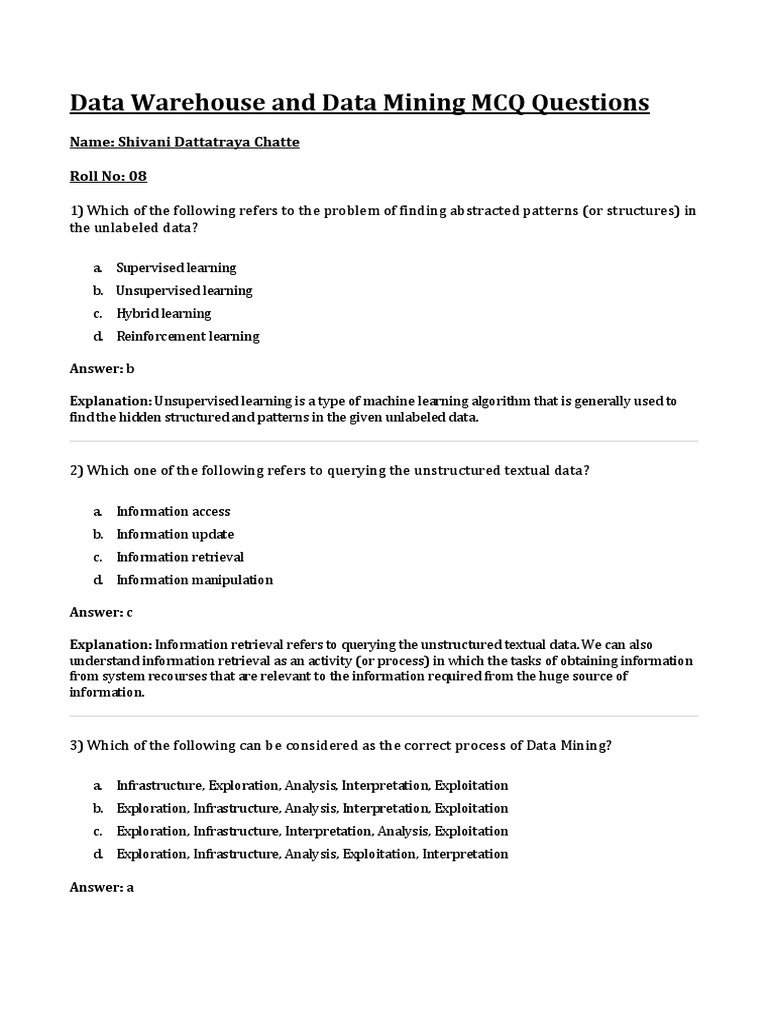 Data Warehouse and Data Mining MCQ Questions: Name: Shivani Dattatraya ...