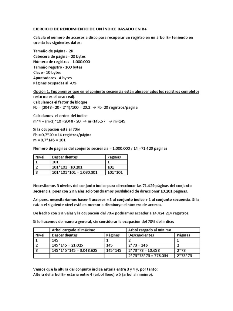Ejercicio de Rendimiento de Un Árbol B+ | PDF | Tecnologías de la ...