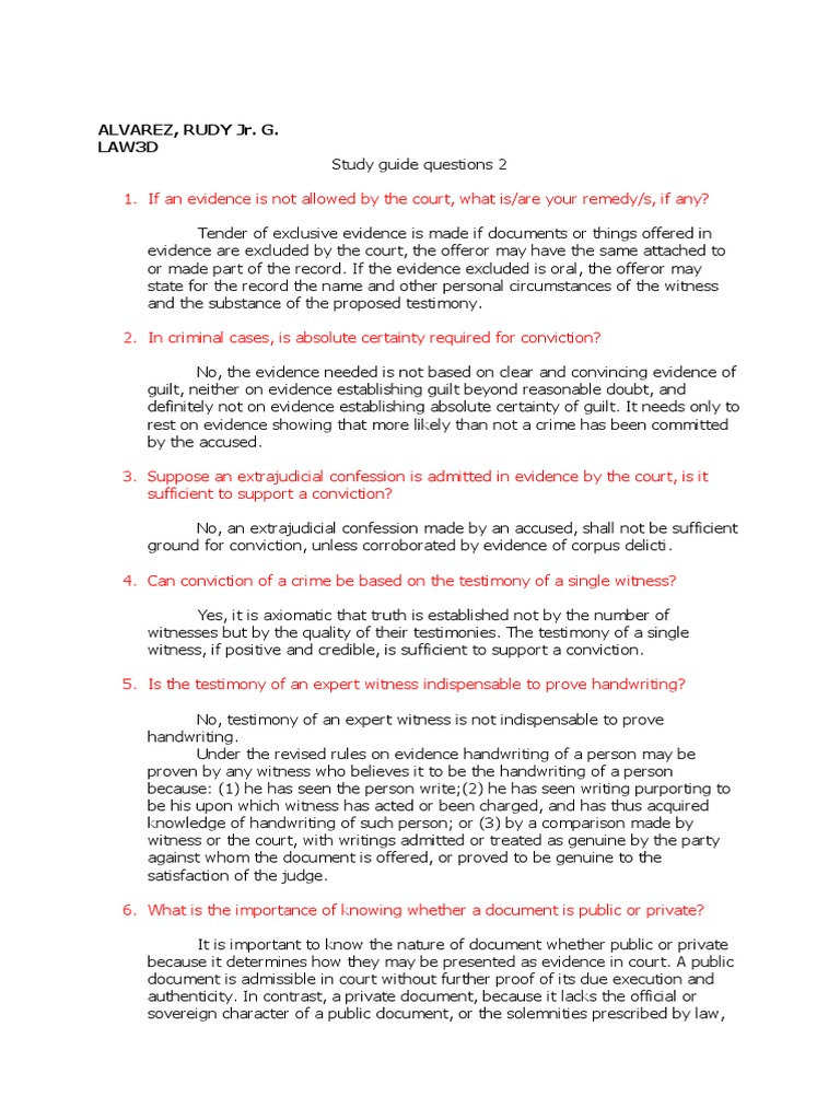 Evidence Study Guide Questions 2 | PDF | Evidence | Testimony