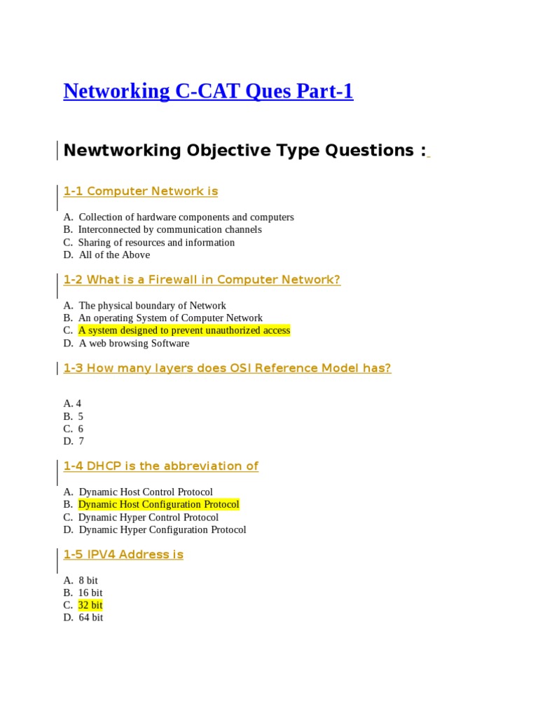Networking C-CAT Ques Part-1: Newtworking Objective Type Questions | PDF | Computer Network ...