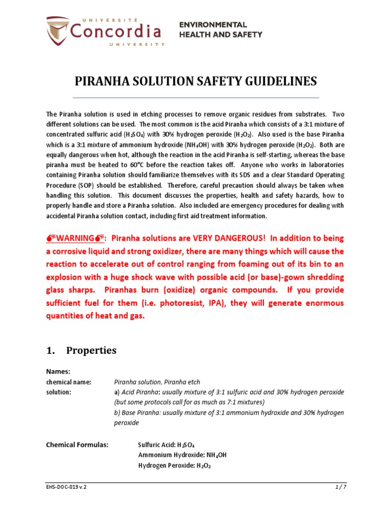 Piranha Solution Safety Guidelines: 1. Properties | PDF | Sulfuric Acid ...