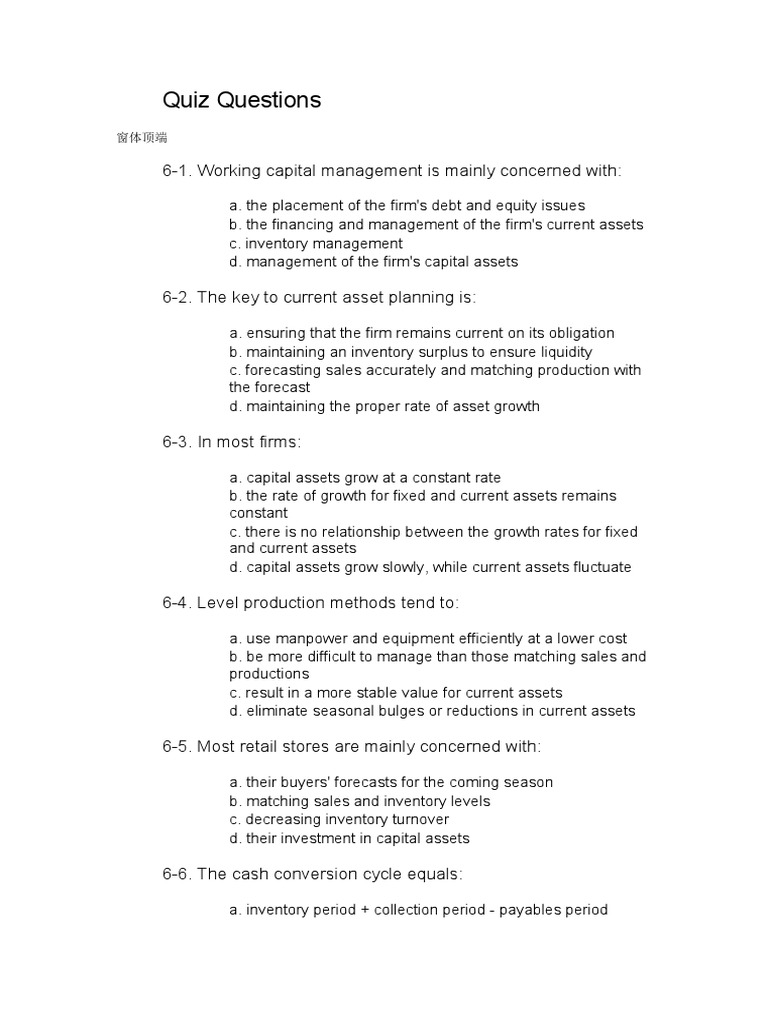 Working Capital Management Quiz Questions | PDF | Yield Curve ...