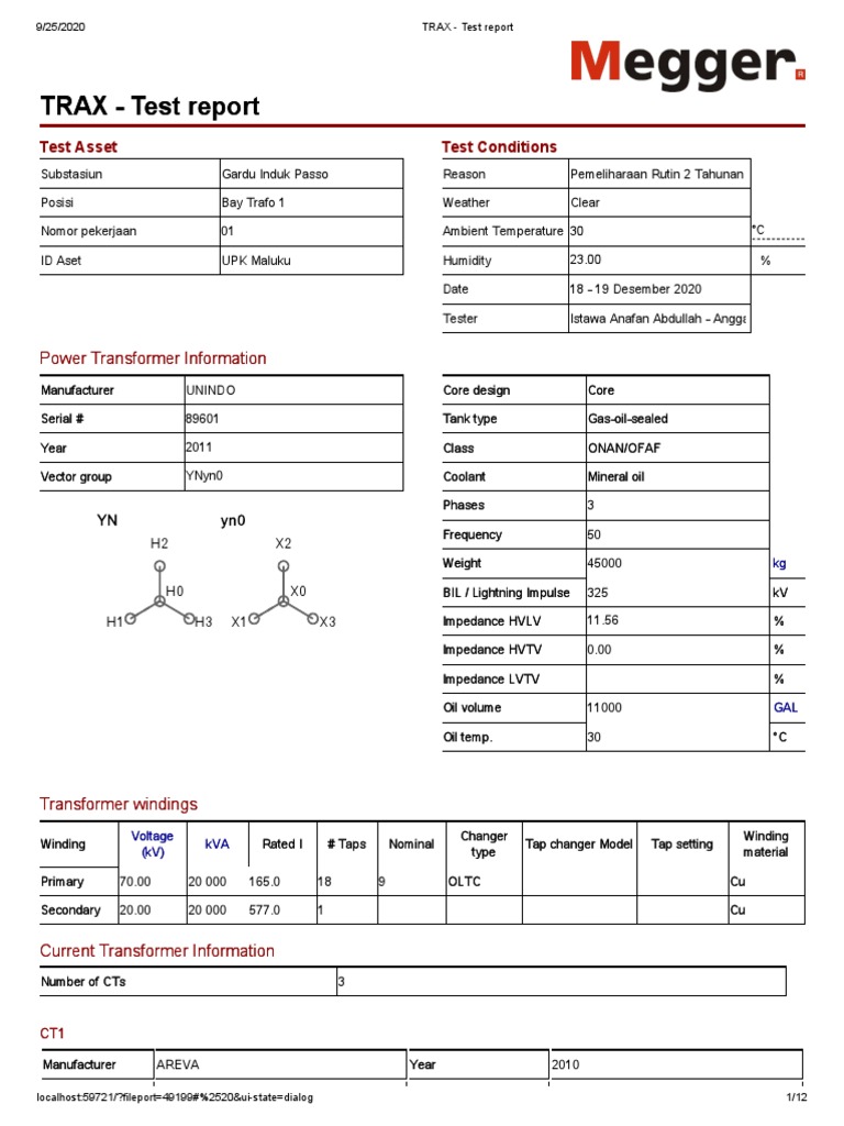 Hasil Uji Bay Trafo 1 GI Passo | PDF | Transformer | Physical Quantities