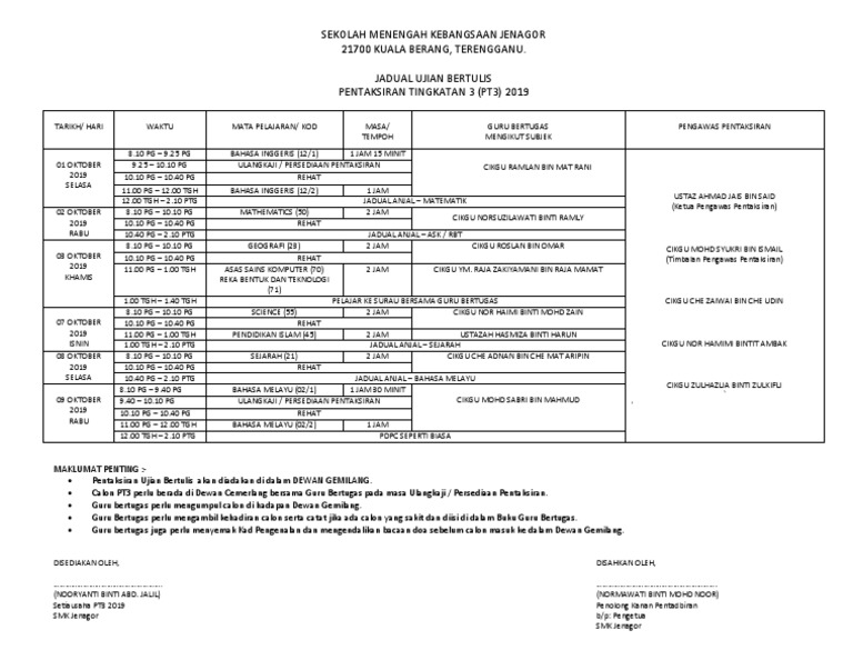 Jadual Ujian Bertulis PT3 2019 | PDF