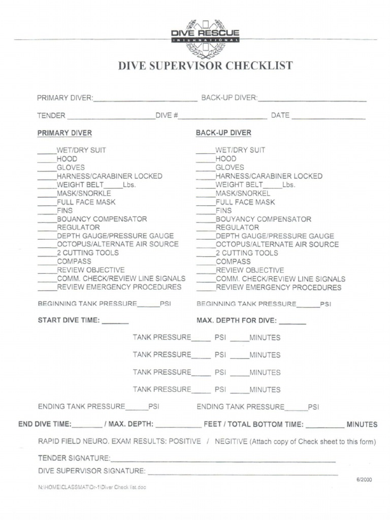Dive Supervisor Checklist | PDF