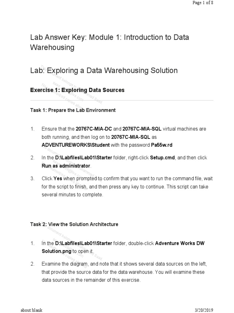 Lab Answer Key: Module 1: Introduction To Data Warehousing Lab: Exploring A Data Warehousing ...