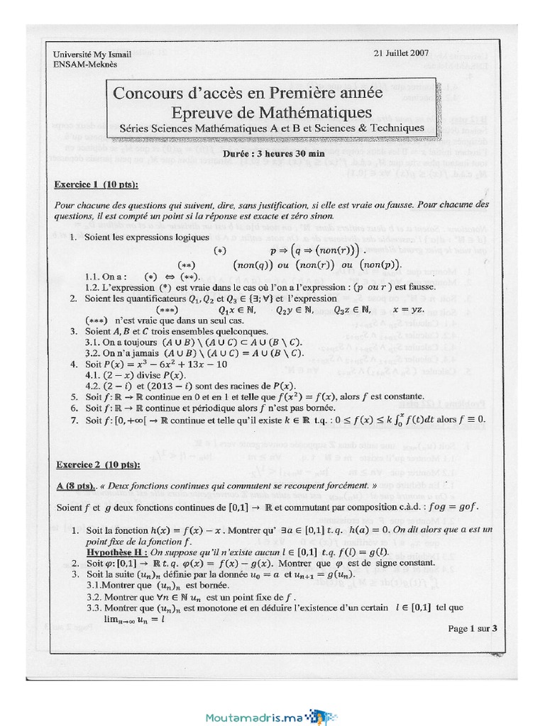 Exemple Concours Ensam SM Maths 2007 | PDF