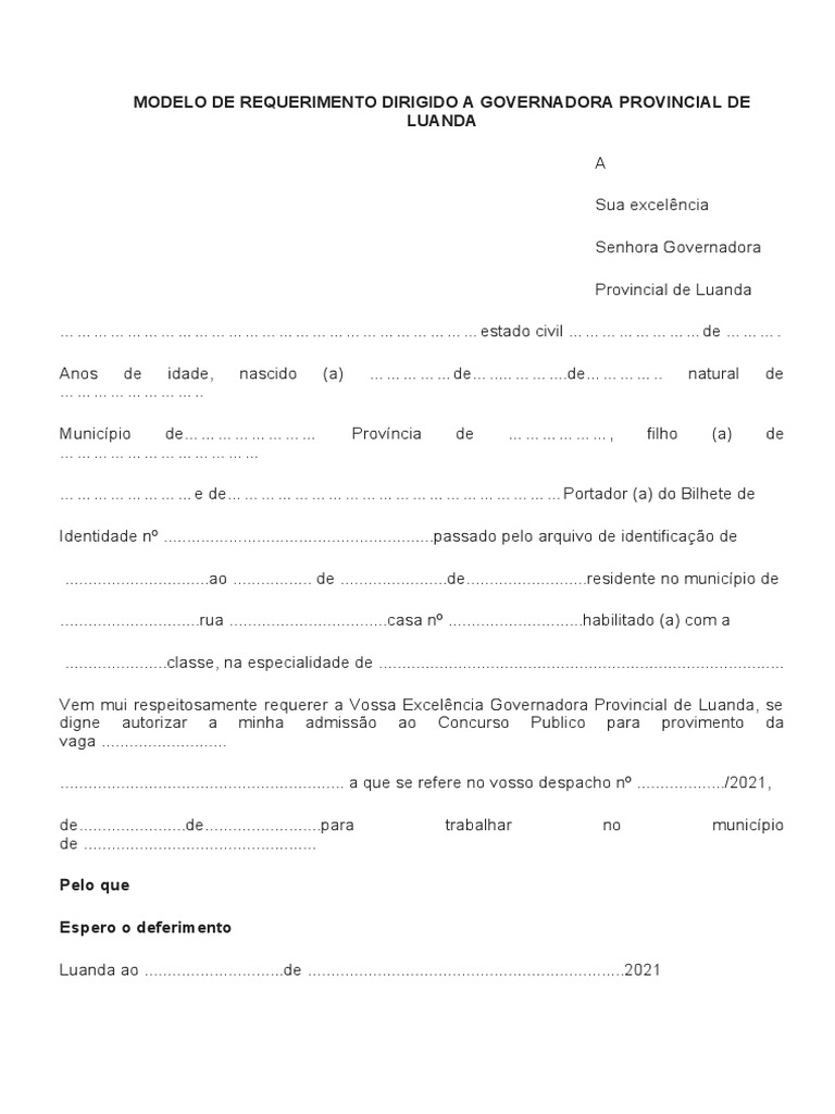 Modelo de Requerimento Dirigido A Governadora Provincial de Luanda | PDF