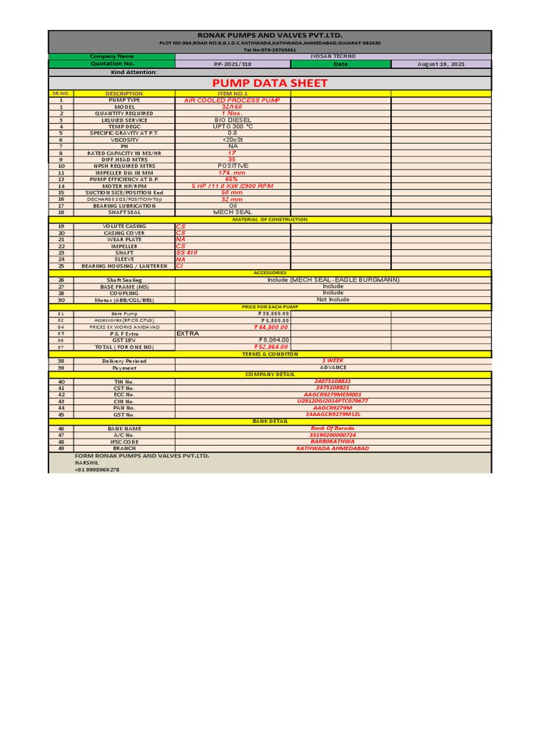 Pump Data Sheet: Ronak Pumps and Valves PVT - LTD | Download Free PDF | Pump | Engines