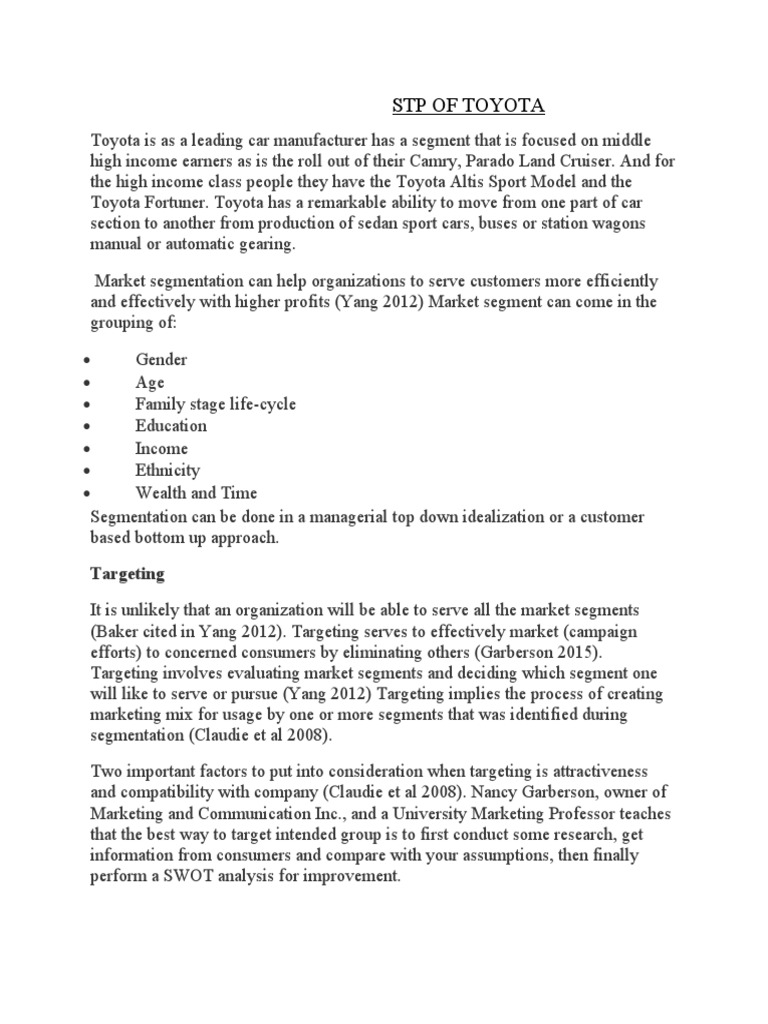 STP of Toyota | PDF | Marketing | Market Segmentation