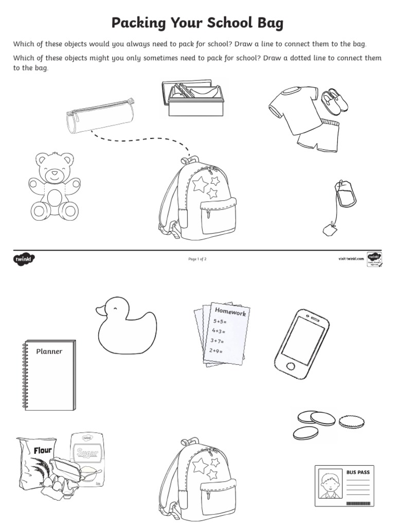 Packing Your School Bag Activity Sheet | PDF