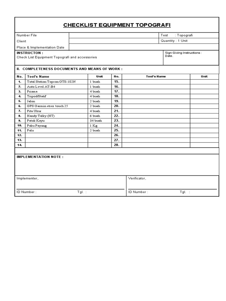 Topografi Equipment Checklist | PDF