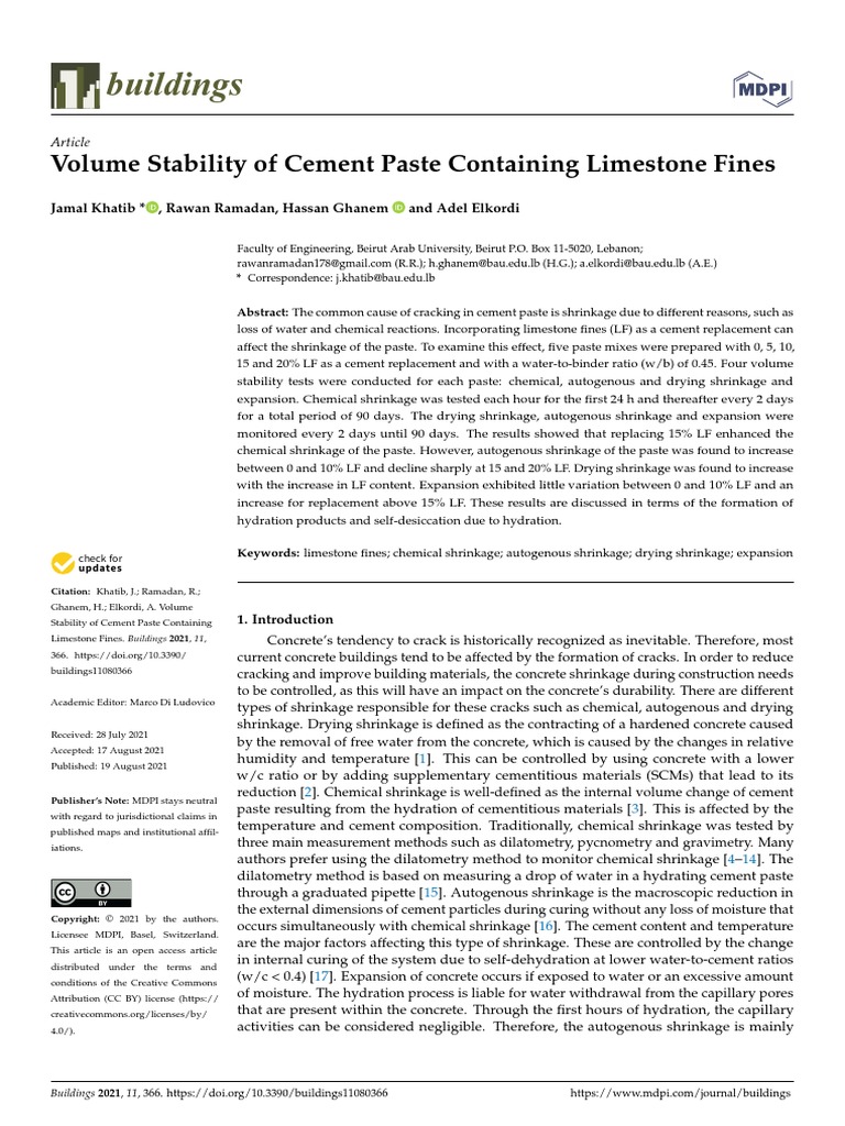 Buildings: Volume Stability of Cement Paste Containing Limestone Fines ...