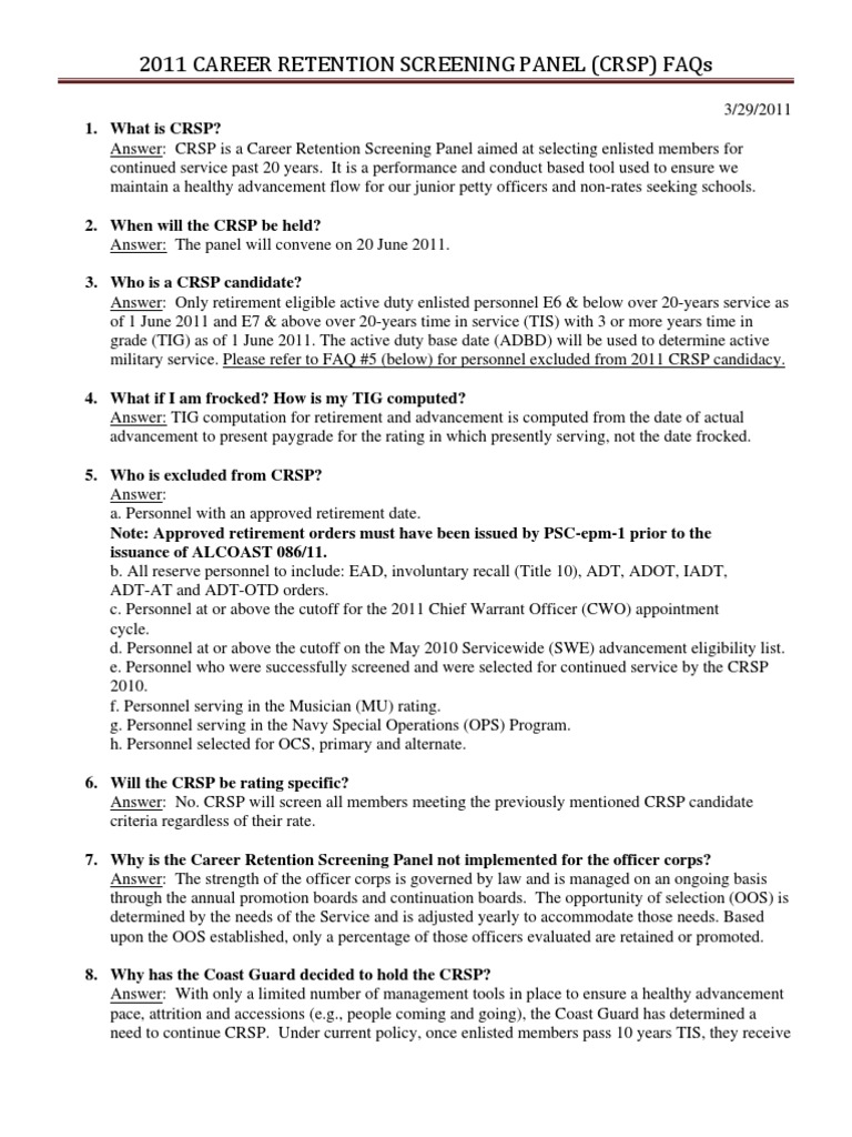 2011 CAREER RETENTION SCREENING PANEL (CRSP) FAQs For U.S. COAST GUARD | PDF | Warrant Officer ...