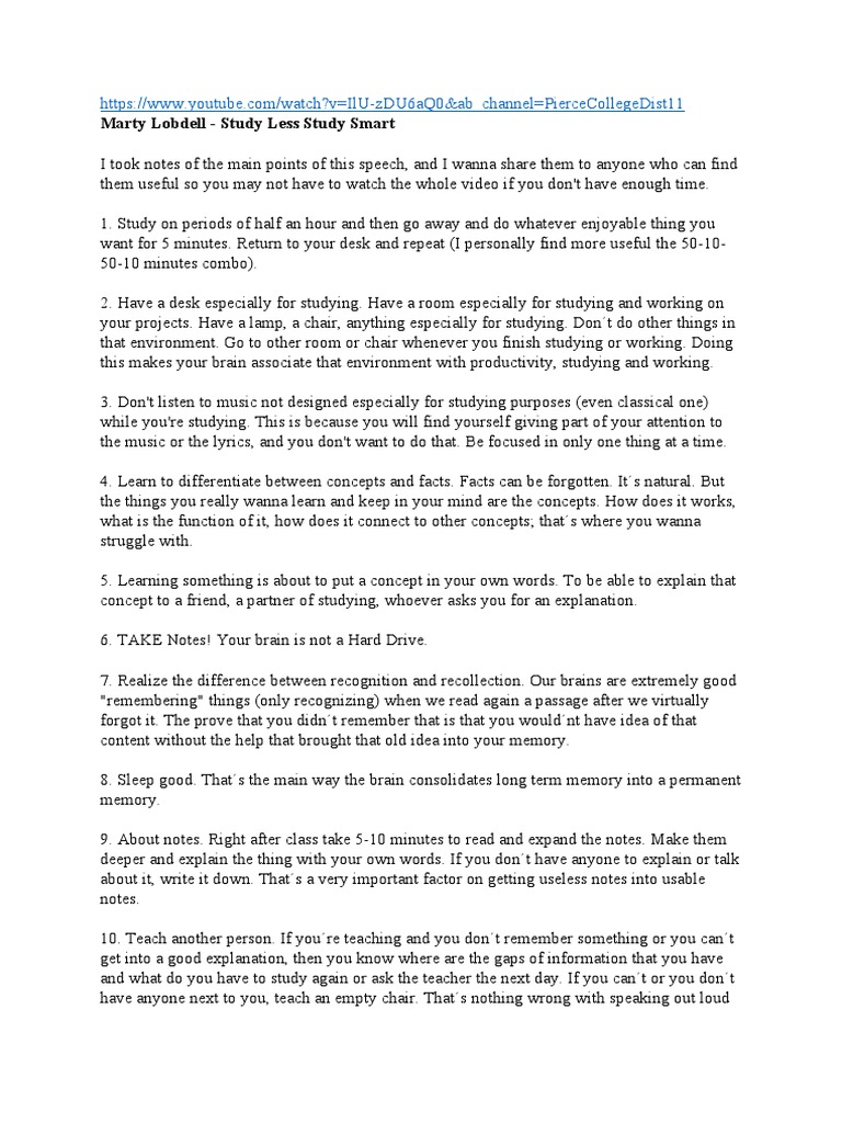 Marty Lobdell - Study Less Study Smart | PDF | Memory | Concept