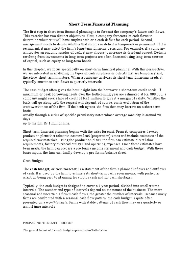 Short Term Financial Planning | PDF | Government Budget Balance | Budget