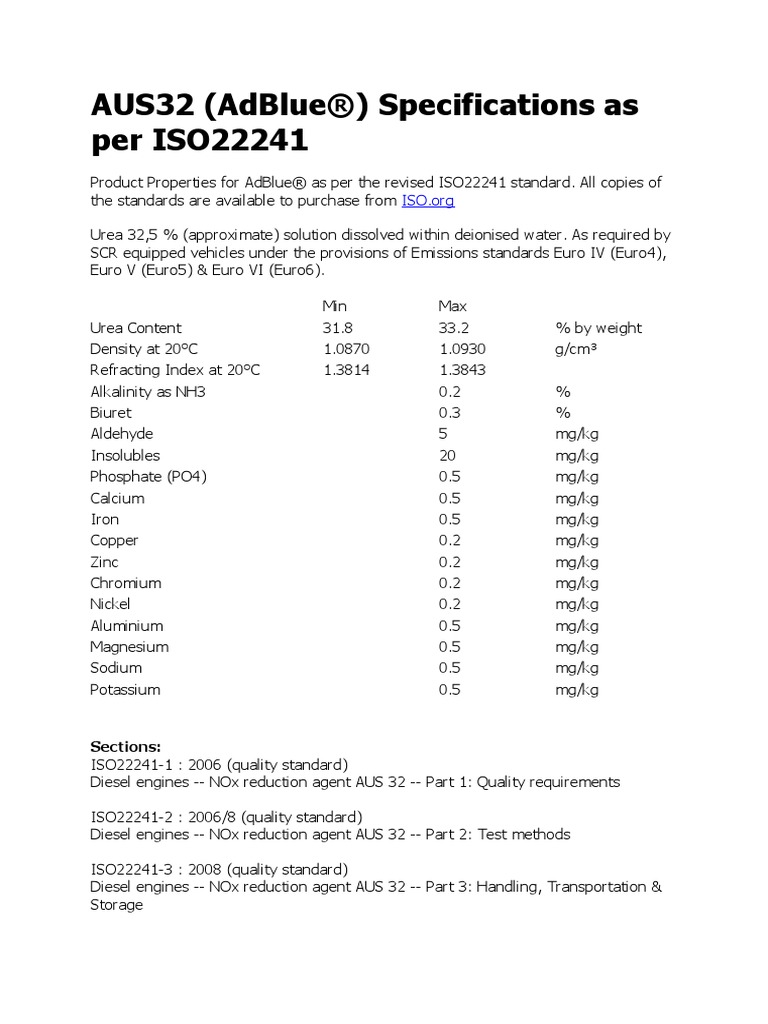 Aus32 (Adblue®) Specifications As Per Iso22241: Sections | PDF