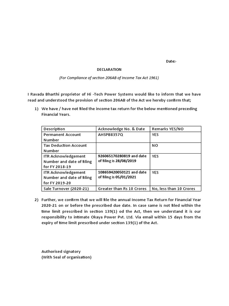 Date:-Declaration (For Compliance of Section 206AB of Income Tax Act 1961) | PDF