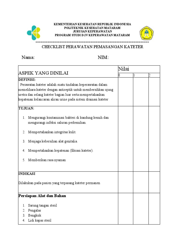 Cheklis Perawatan Kateter Secara Umum | PDF
