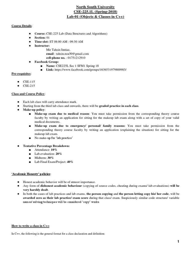North South University CSE-225.1L (Spring-2018) Lab-01 (Objects ...