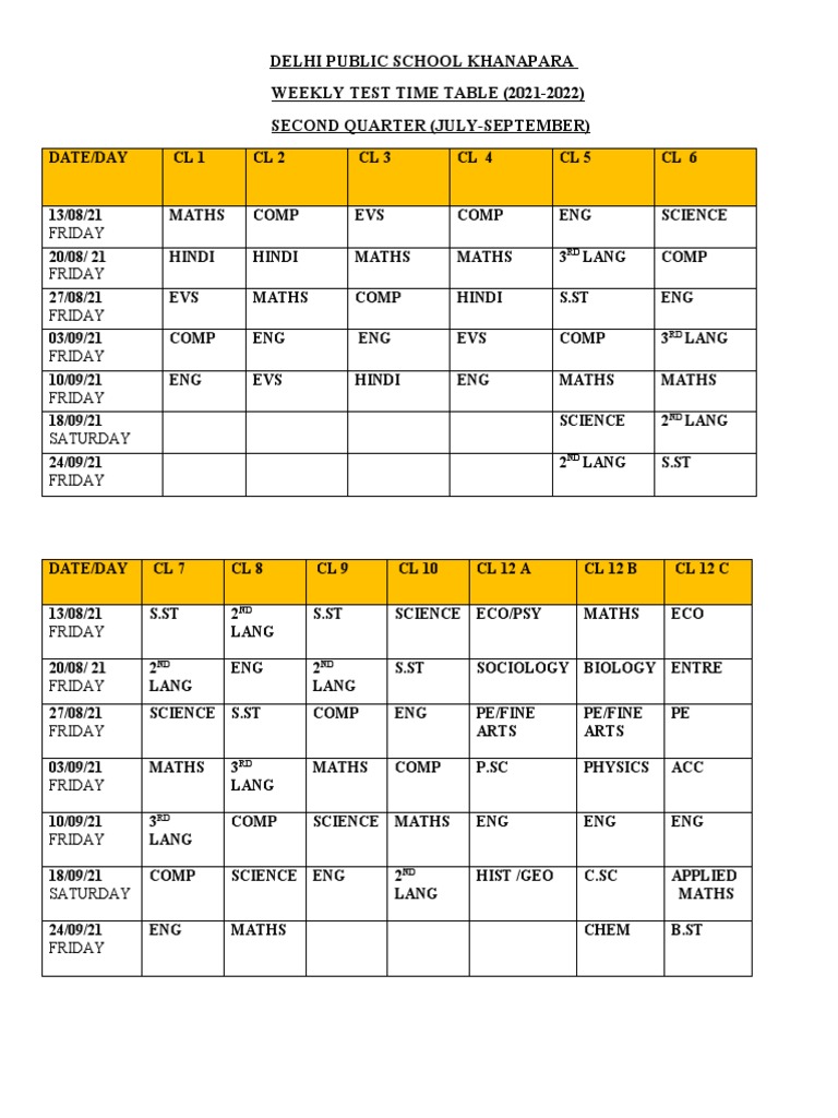 Weekly Test Time Table (2021-2022) | PDF