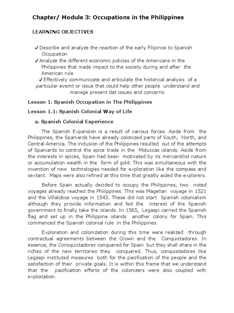 Chapter/ Module 3: Occupations in The Philippines: Learning Objectives ...