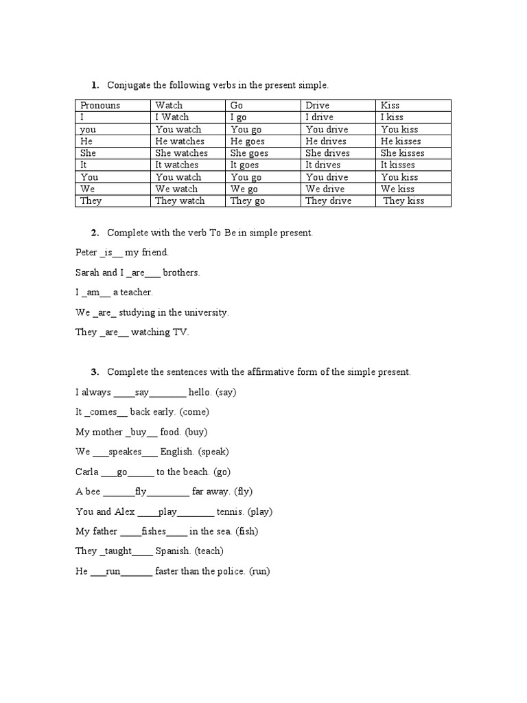 Conjugate The Following Verbs in The Present Simple | PDF | Self ...
