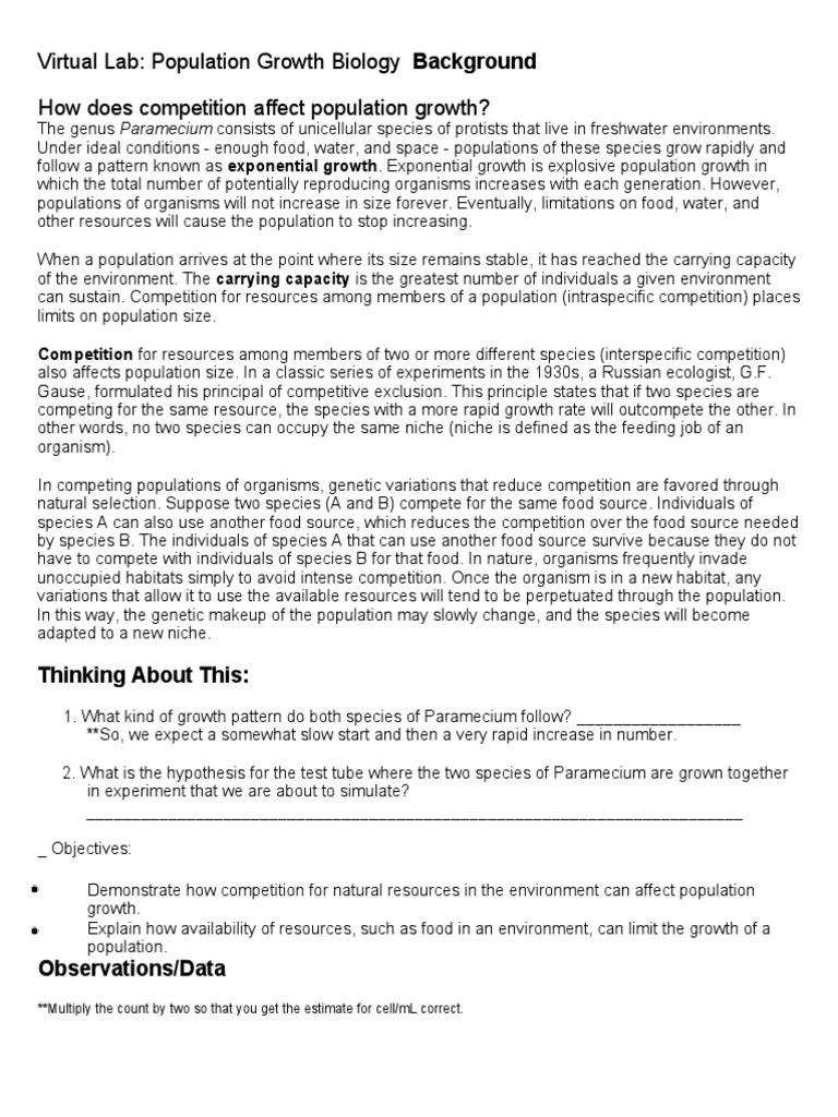 Virtual Lab: Population Growth Biology Background How Does Competition ...