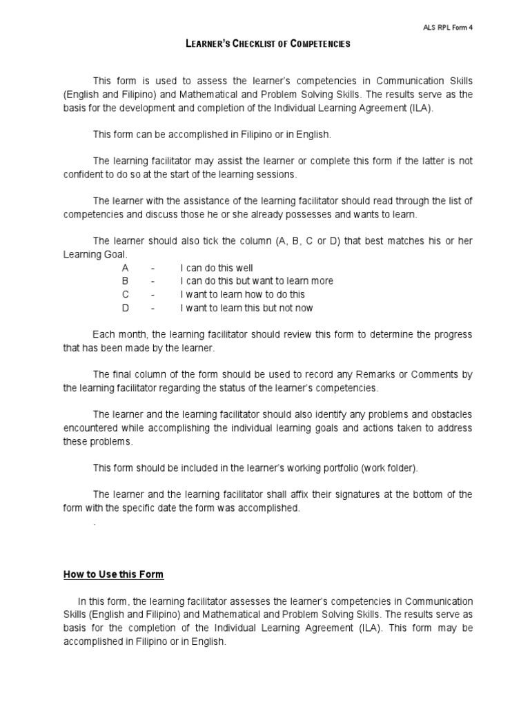 ALS RPL Form 4: Competency Checklist | PDF | Learning | Facilitator
