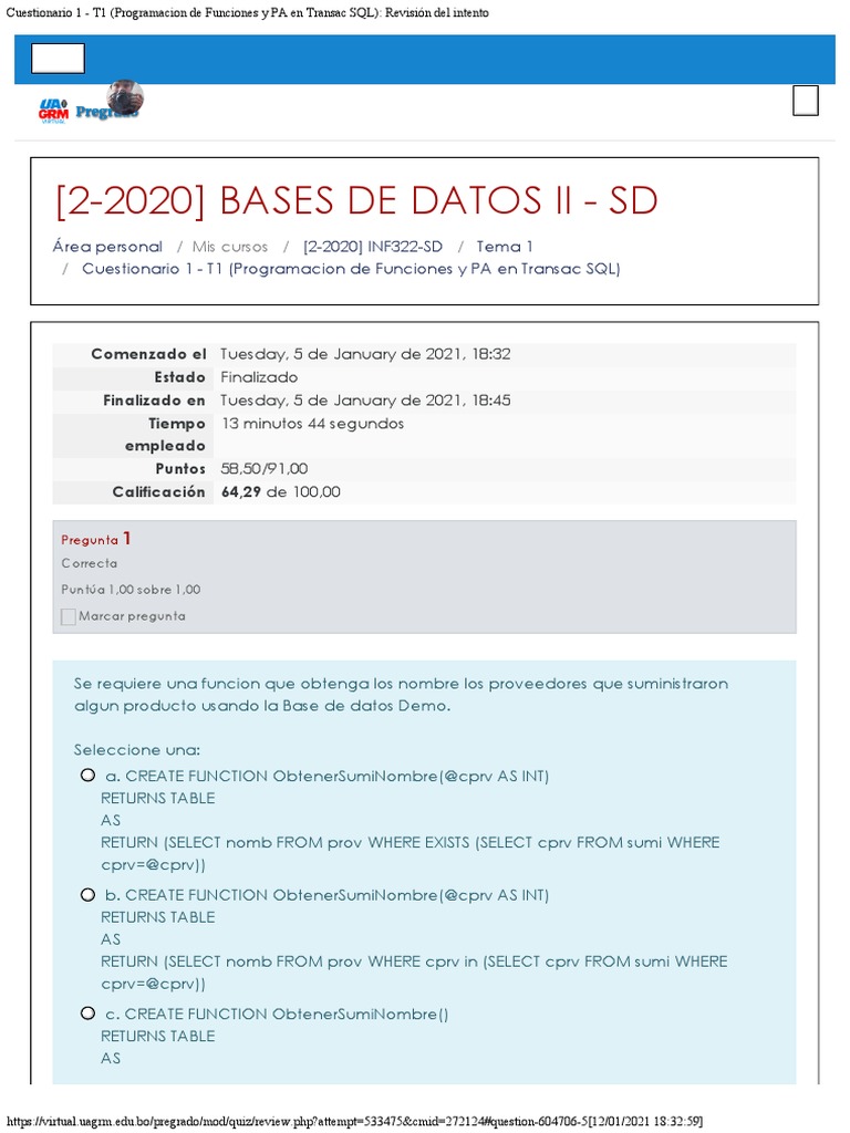 Cuestionario 1 - T1 (Programacion de Funciones y PA en Transac SQL) Revisión de | Descargar ...