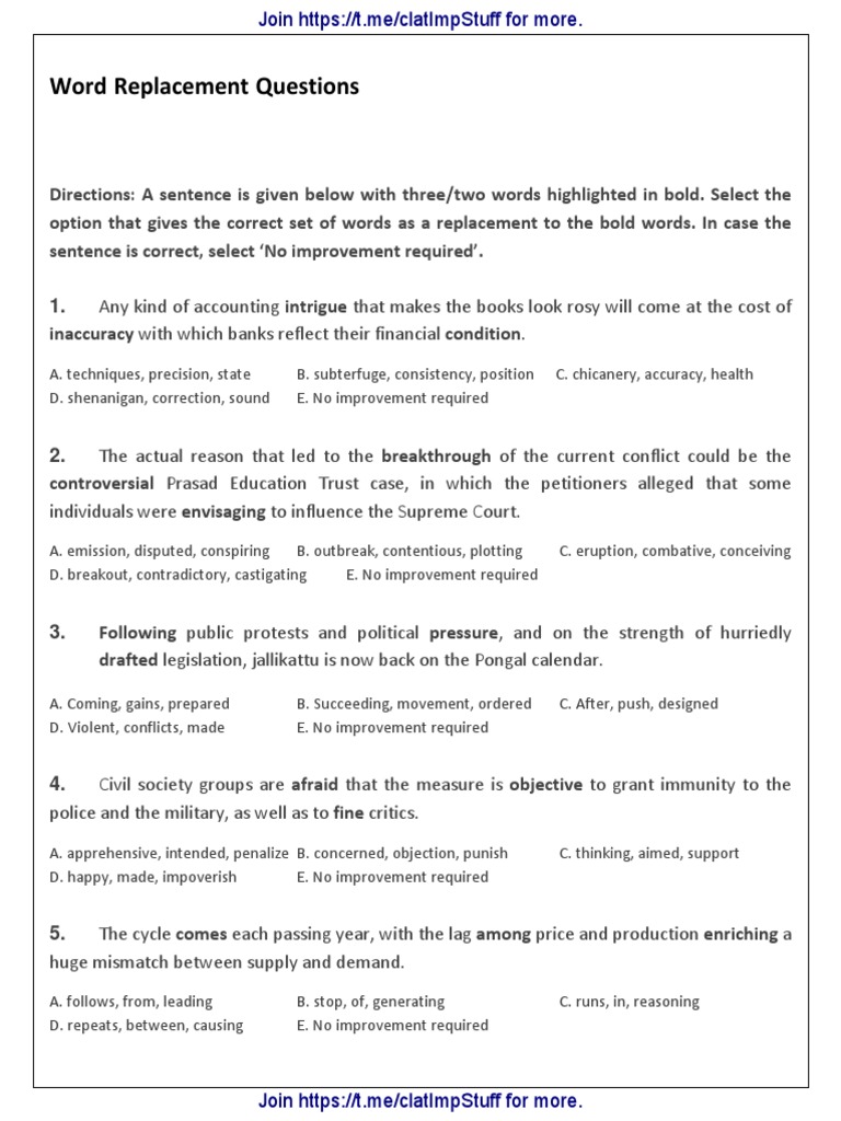 Word Replacement Exercises for CLAT Preparation | PDF | Word | Language ...